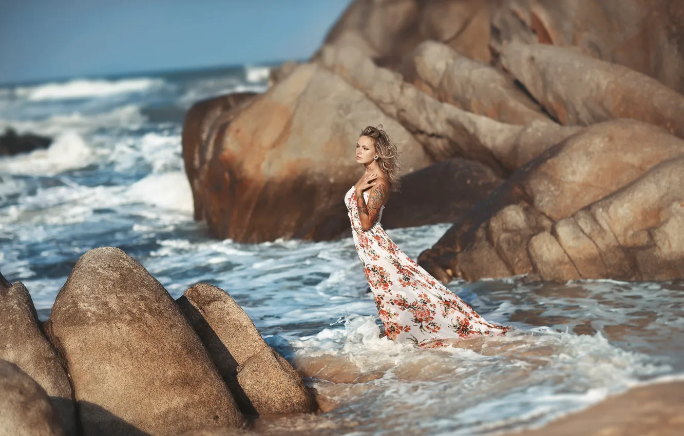Wallpaper sea, look, girl, pose, photo, rocks, shore, model for mobile ...