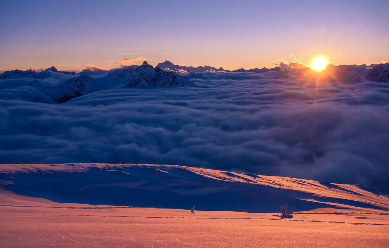 Wallpaper winter, the sun, clouds, snow, mountains for mobile and ...