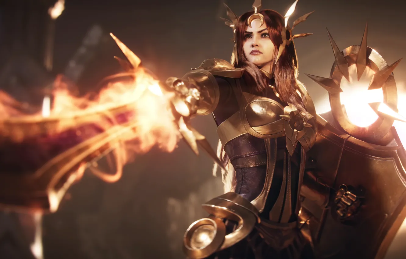 Wallpaper Sword, Flame, Armor, Shield, League of Legends, Leona, Crown ...