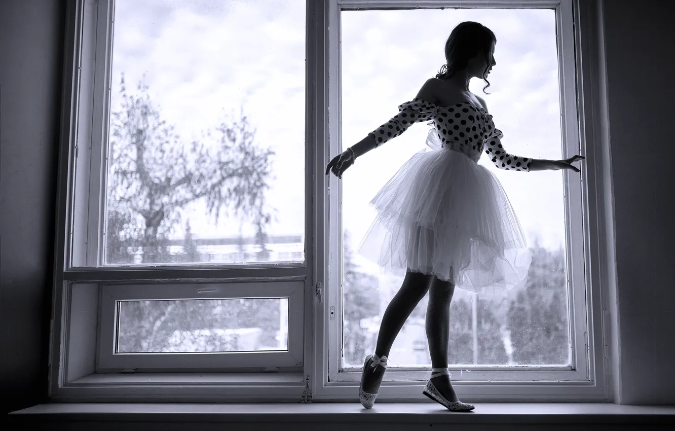 Wallpaper girl, pose, window, black and white, ballerina, Yuryev Alexey ...