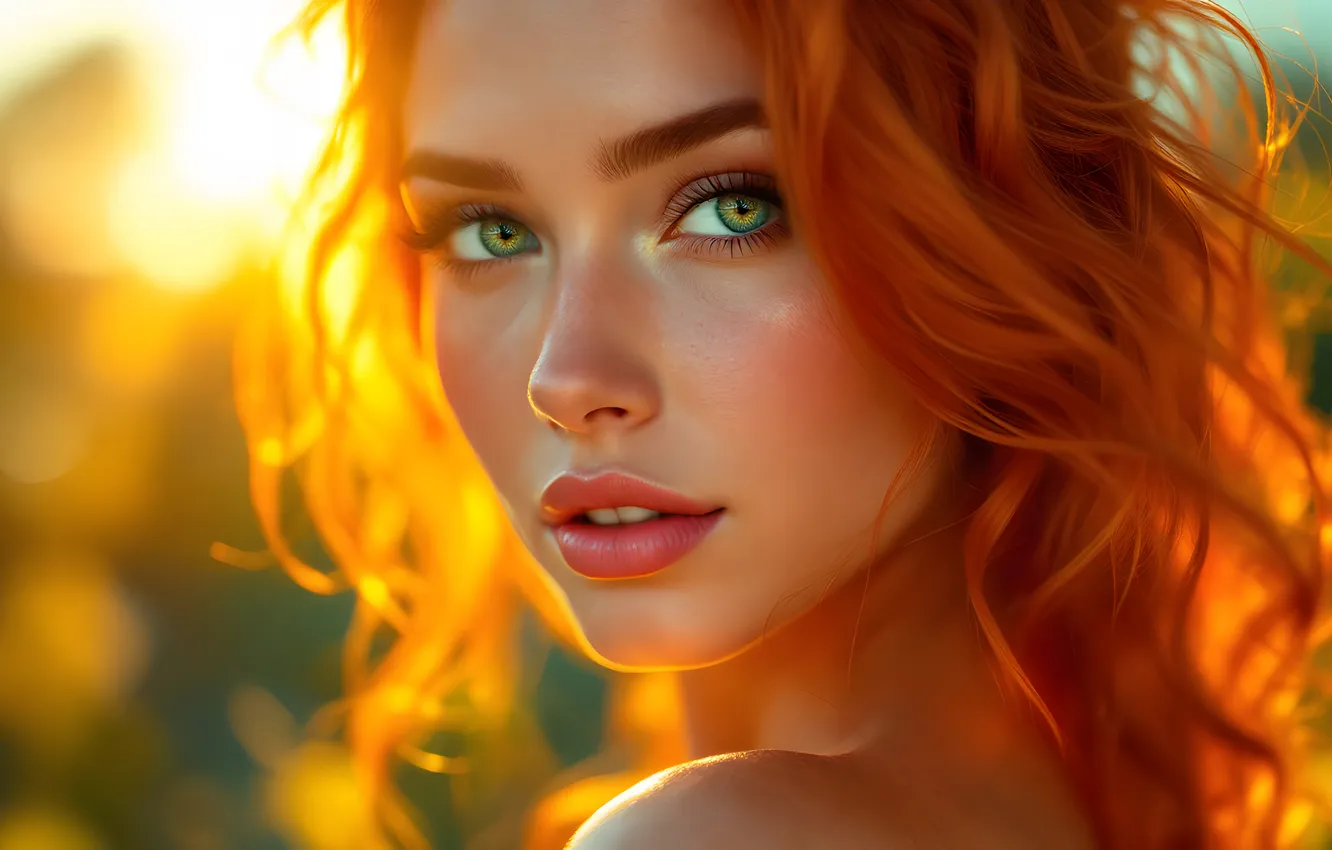 Wallpaper look, girl, the sun, light, face, portrait, redhead, green ...