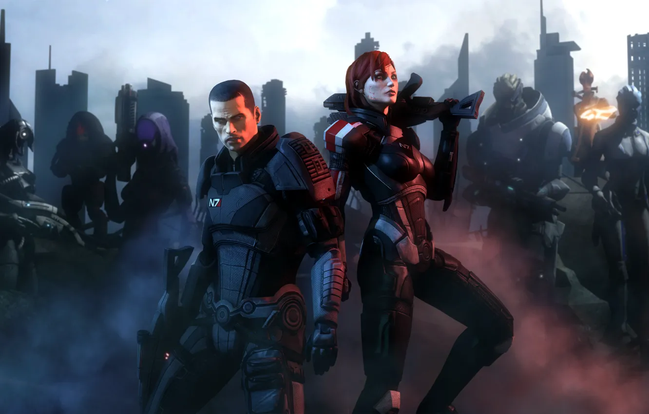 Wallpaper the city, destruction, red, armor, ruins, mass effect ...