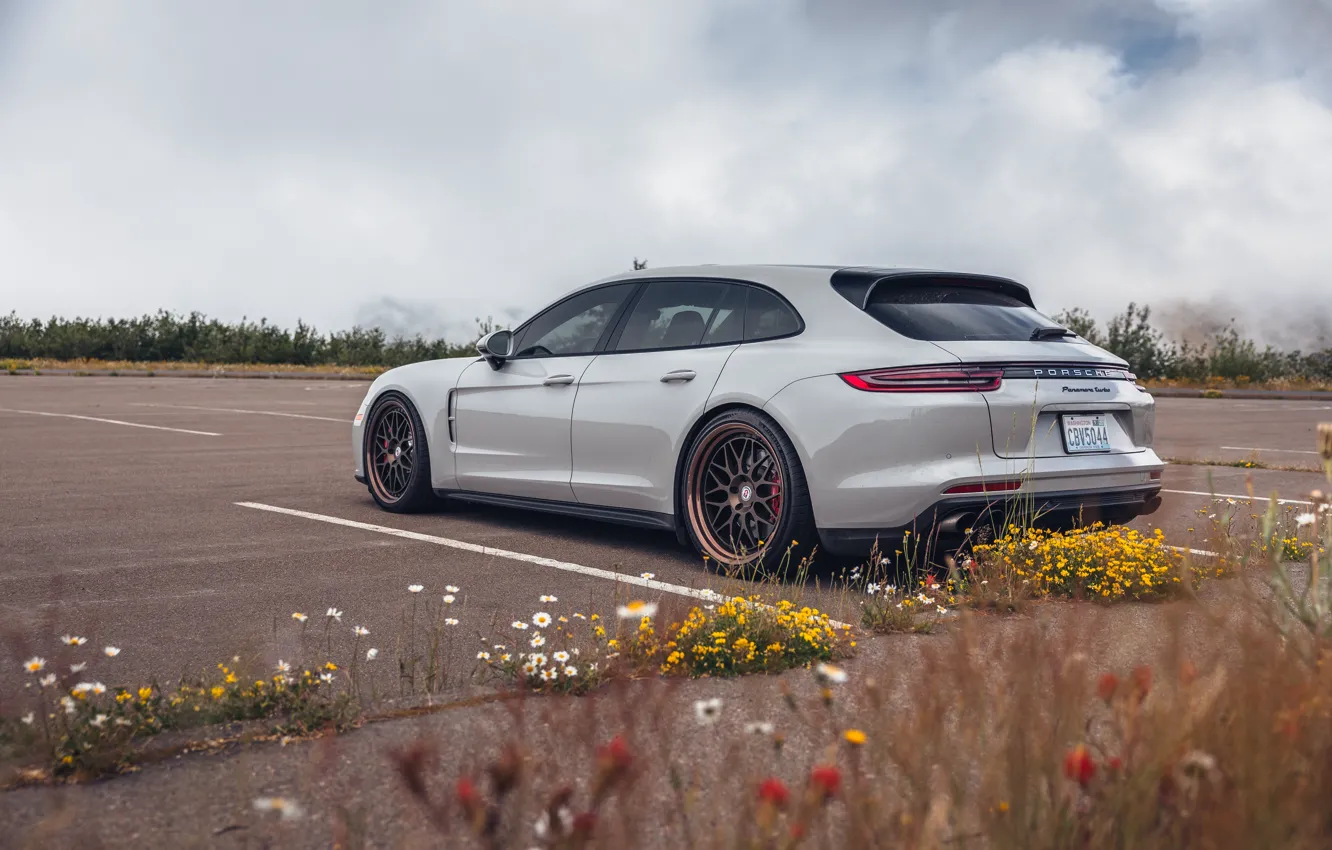 Wallpaper Porsche, Panamera, grey, flowers, clouds, parking, Porshce ...