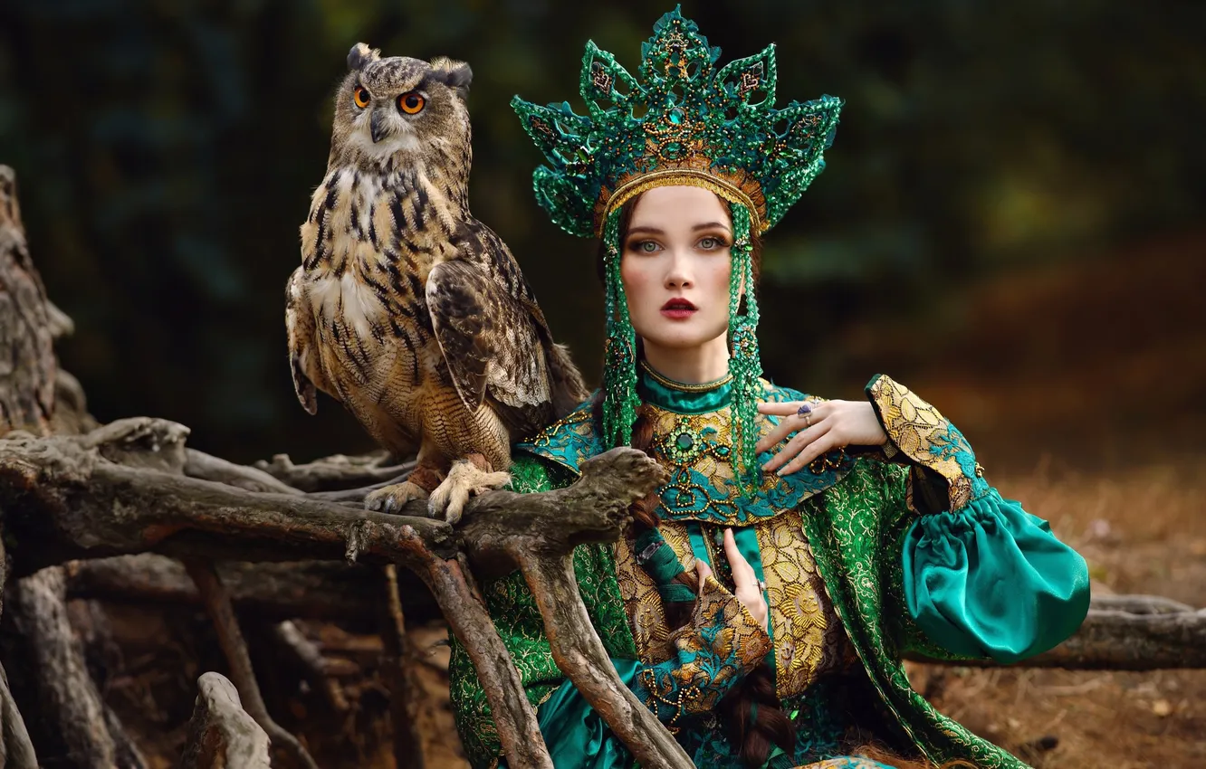Wallpaper girl, nature, roots, pose, style, tree, owl, bird for mobile ...
