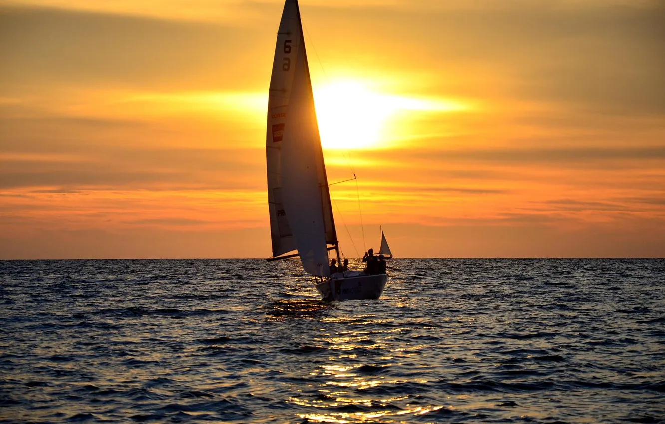 Wallpaper sea, the sun, sunset, romance, boat, the evening, sailing ...