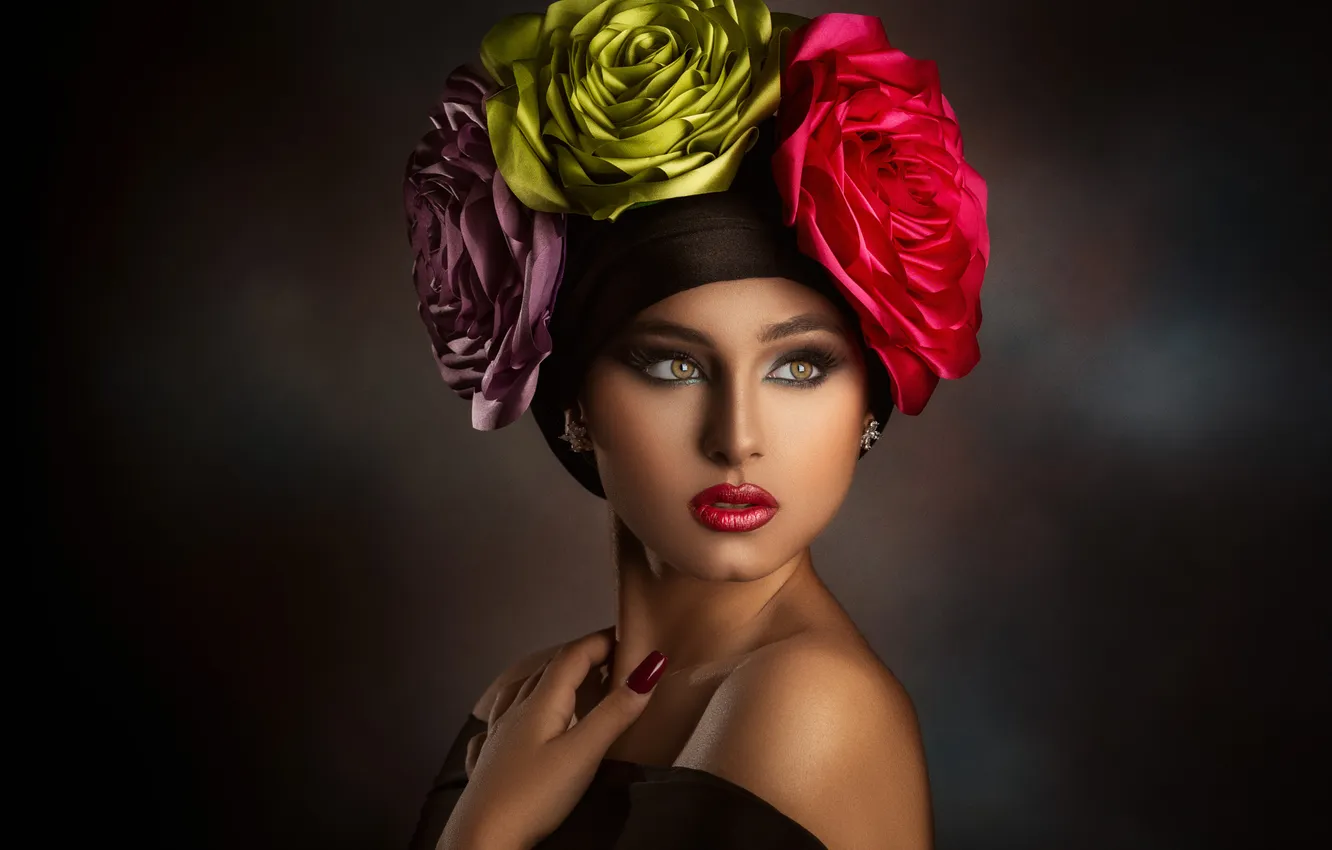 Wallpaper look, girl, flowers, face, the dark background, hand ...