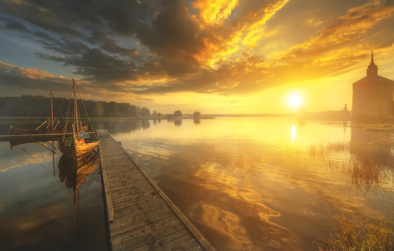 Wallpaper the sun, clouds, rays, light, lake, reflection, boat, pier ...