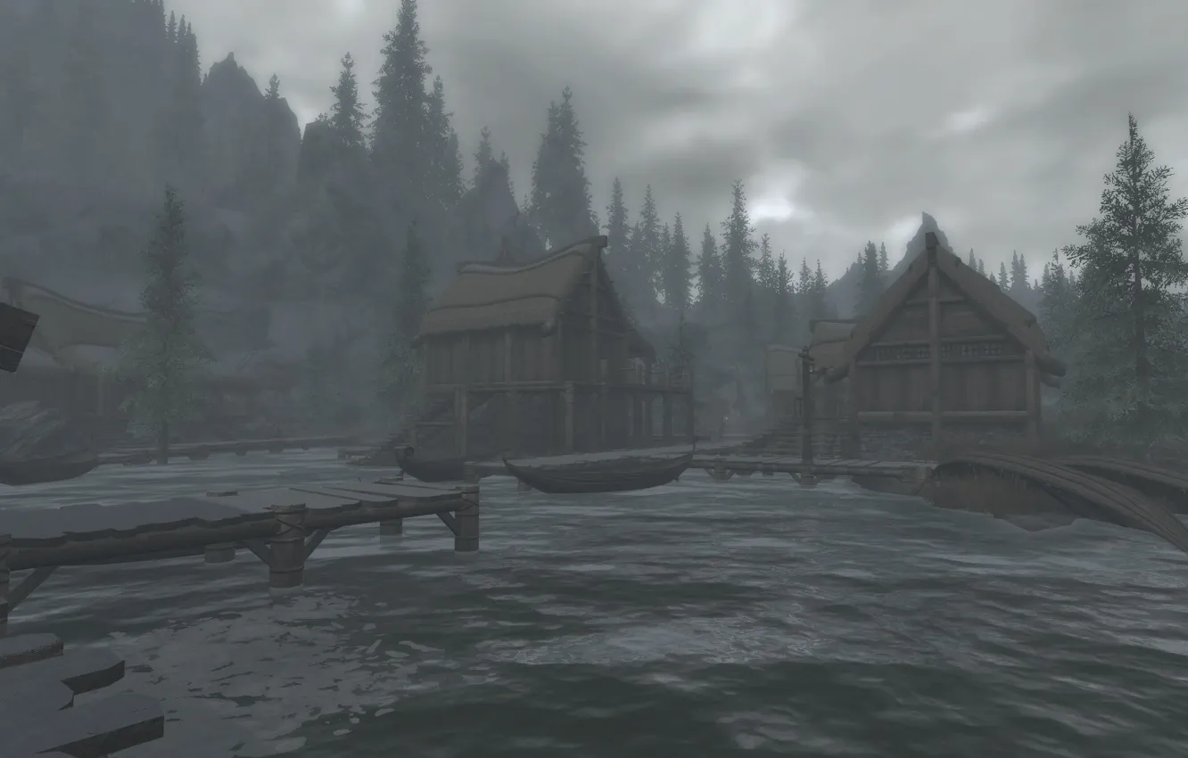 Wallpaper road, mountains, fog, lake, boat, home, spruce, house for ...