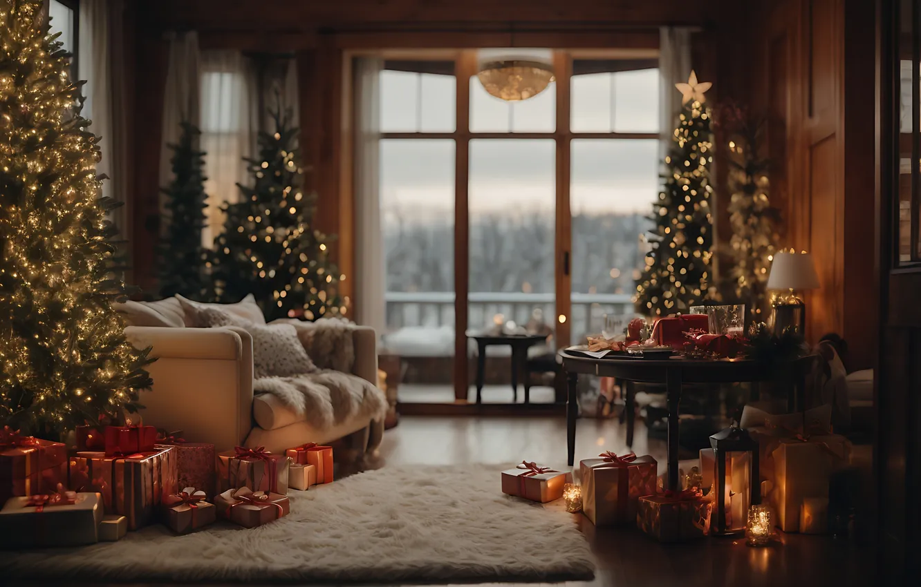 Wallpaper room, tree, new year, interior, Christmas, Christmas, tree ...