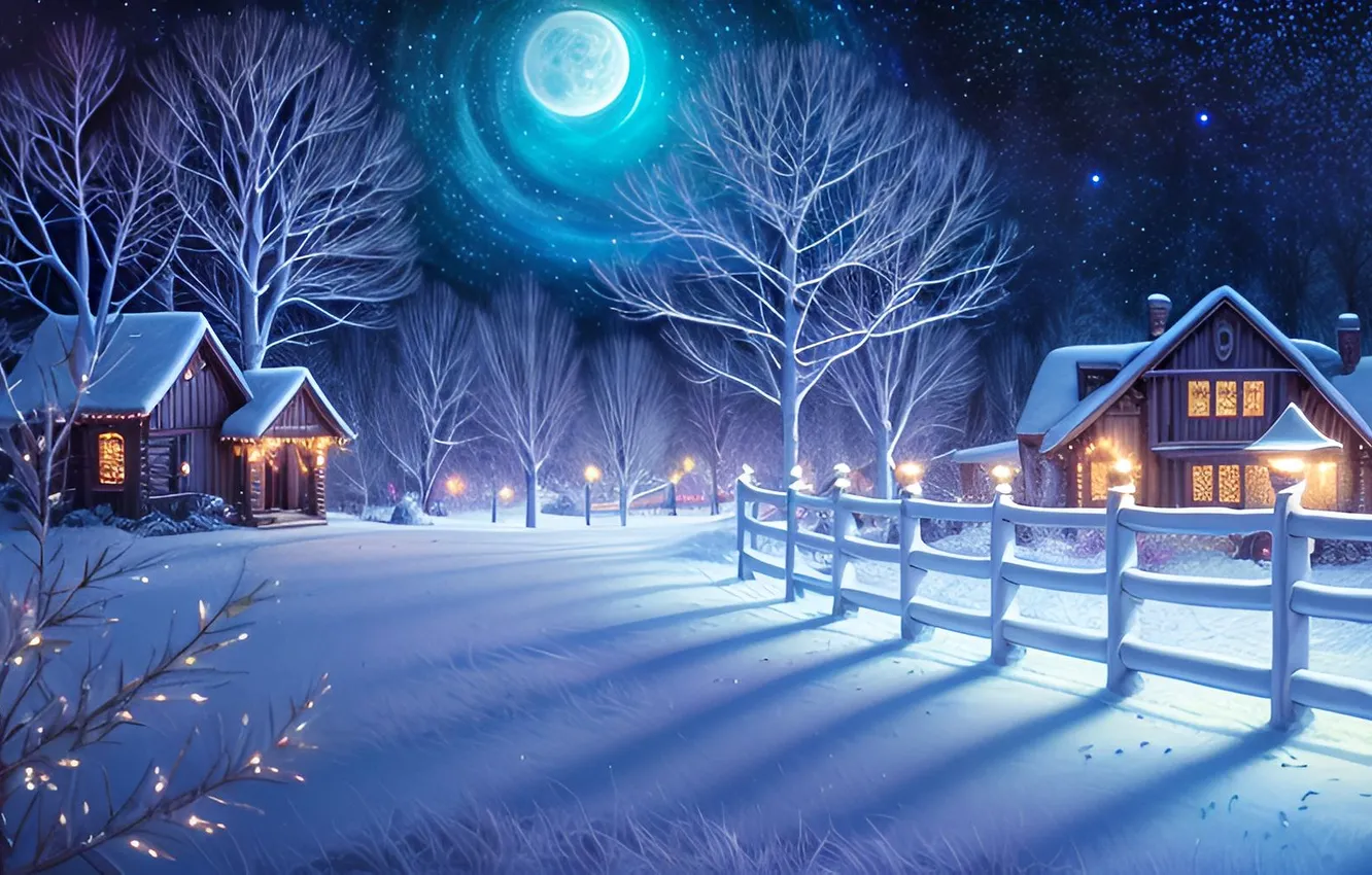Wallpaper winter, stars, snow, trees, night, branches, strip, the moon ...
