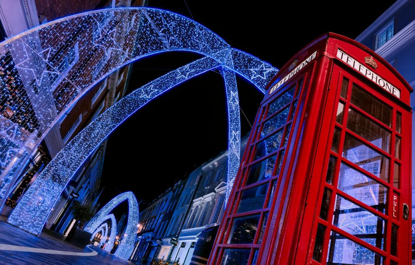Wallpaper night, street, lighting, phone booth, red telephone box for ...