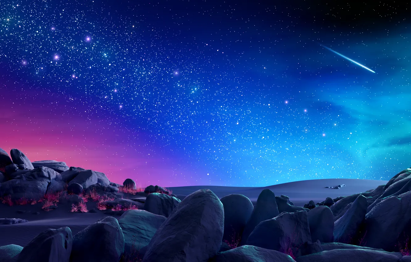 Wallpaper sky, desert, landscape, nature, night, rocks, stars, shooting ...