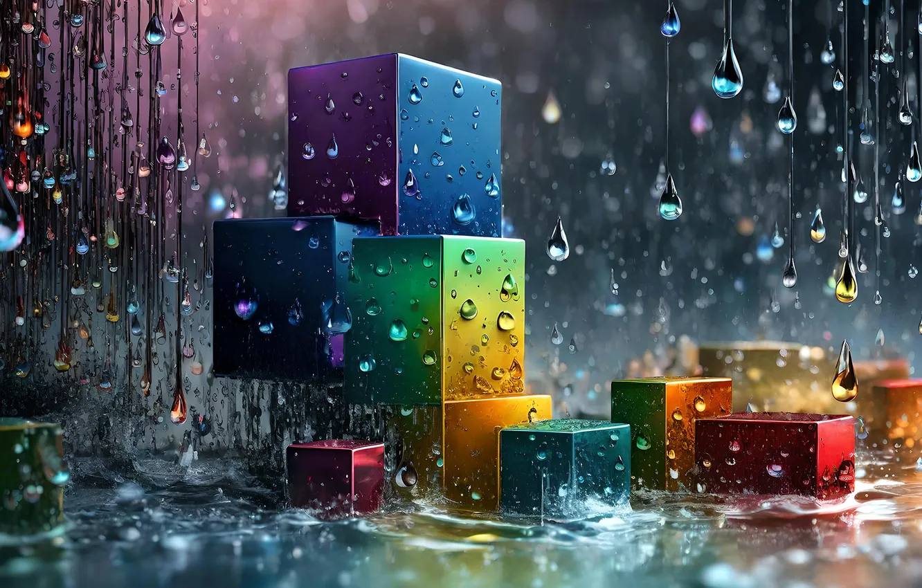 Wallpaper water, drops, cubes, squares, figure, geometry for mobile and ...