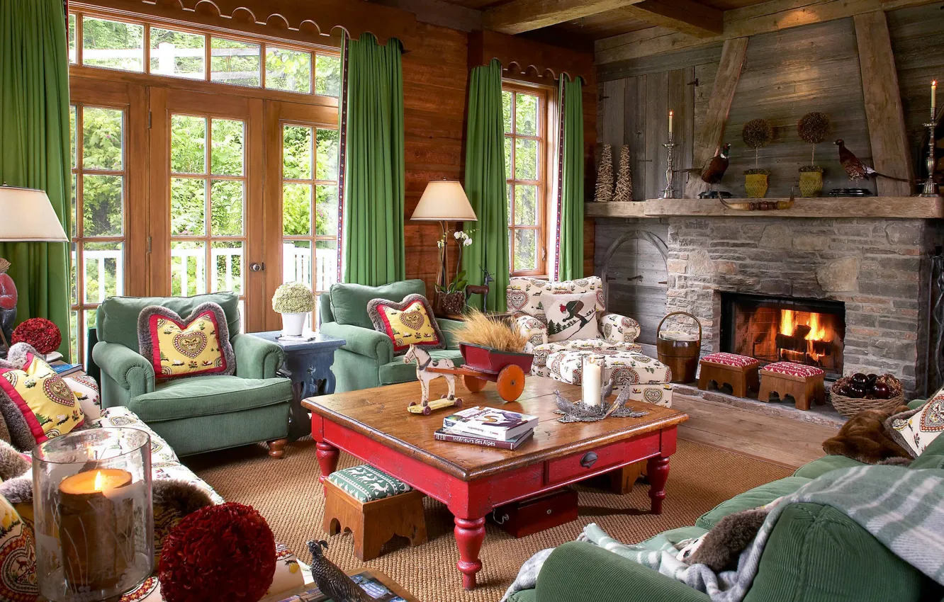 Wallpaper design, style, interior, fireplace, living room, cottage ...