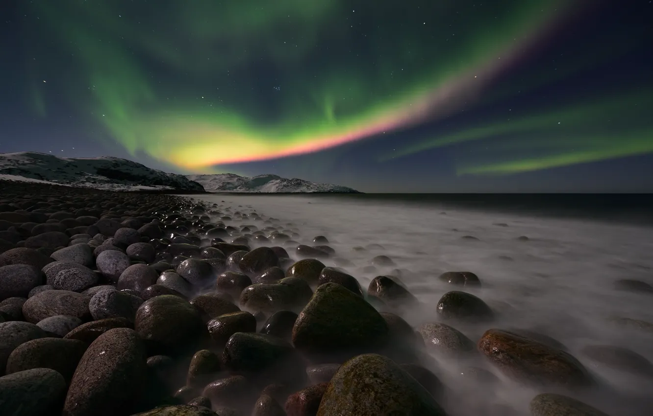 Wallpaper winter, sea, the sky, stars, mountains, night, fog, pebbles ...