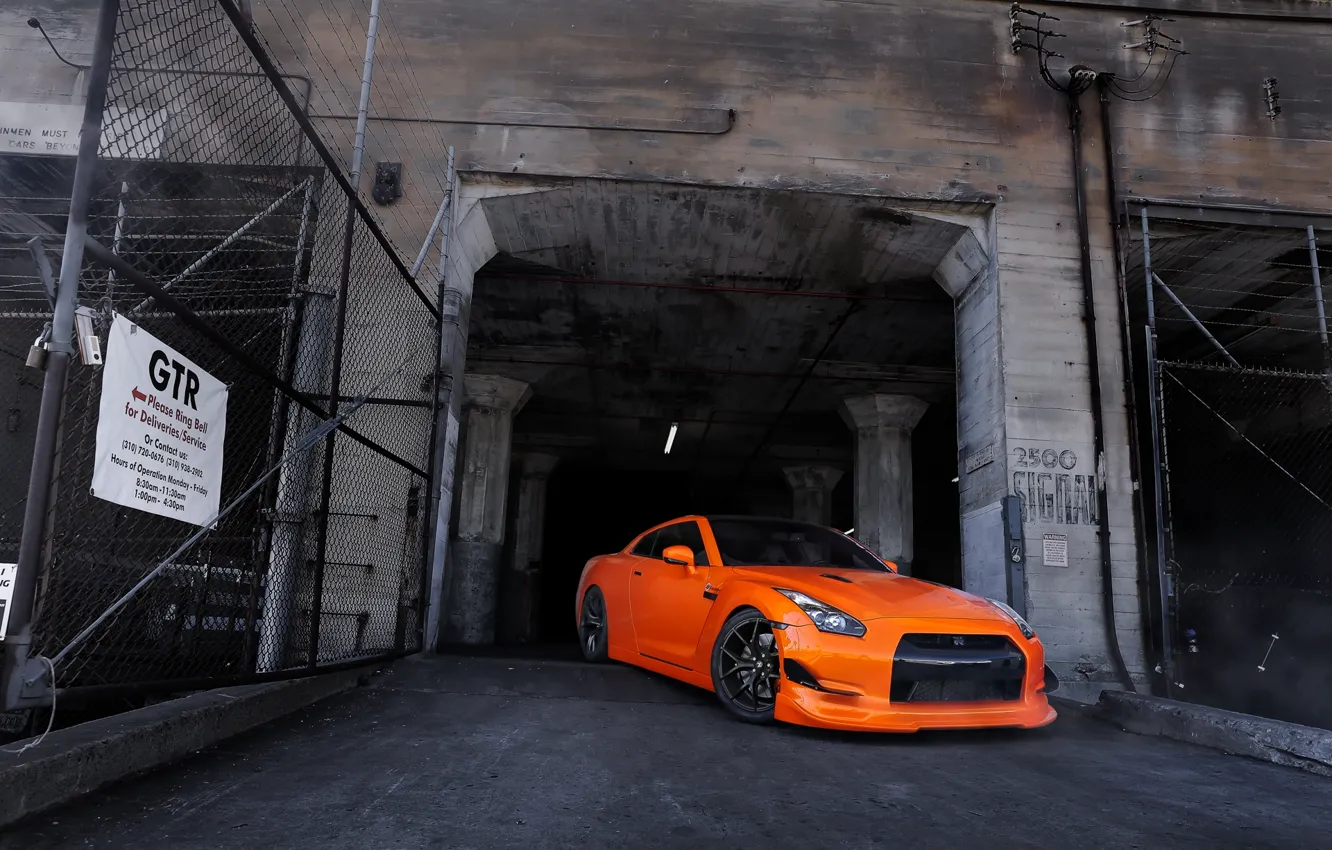 Wallpaper orange, the building, gate, nissan, front view, Nissan, gt-r ...