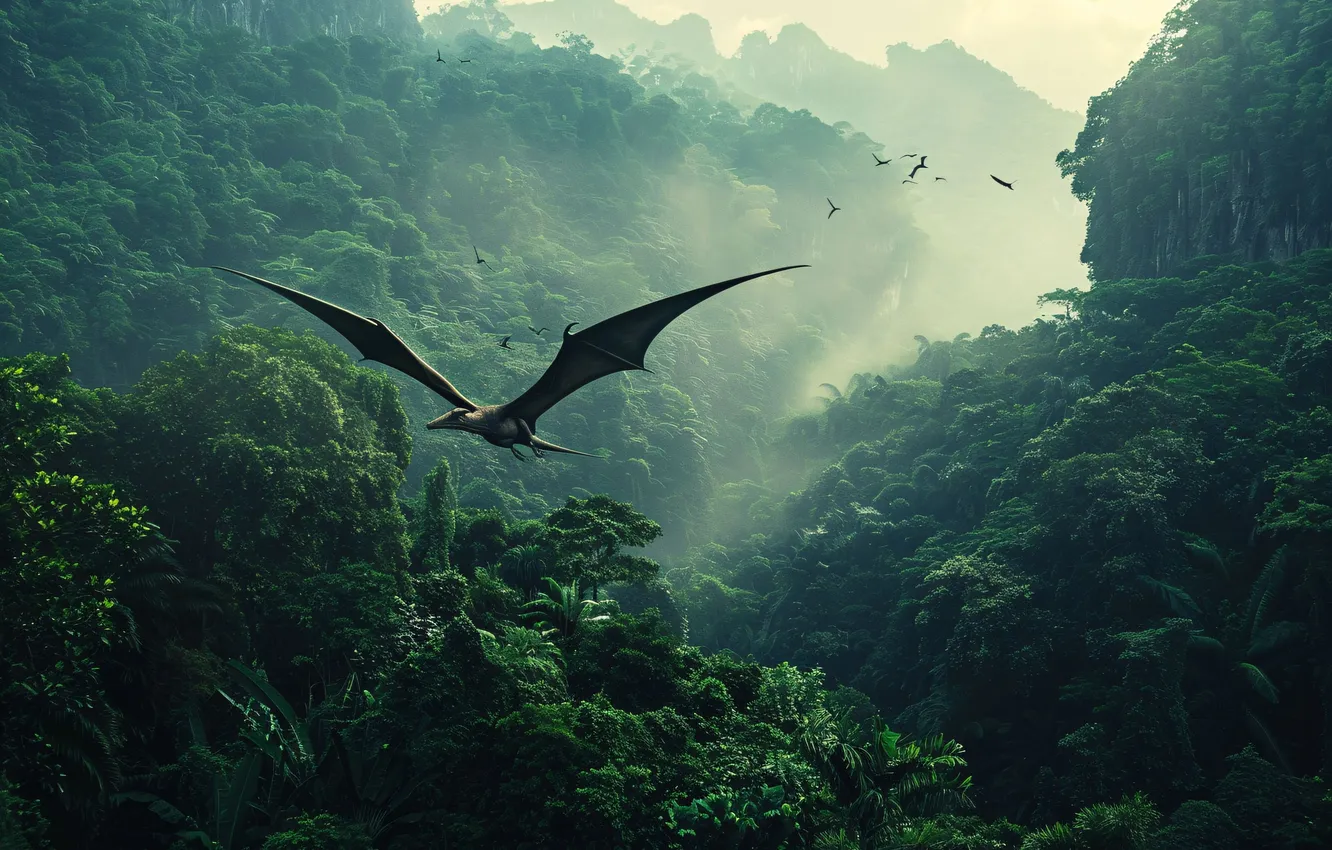 Wallpaper flight, mountains, animal, wings, dinosaur, jungle ...