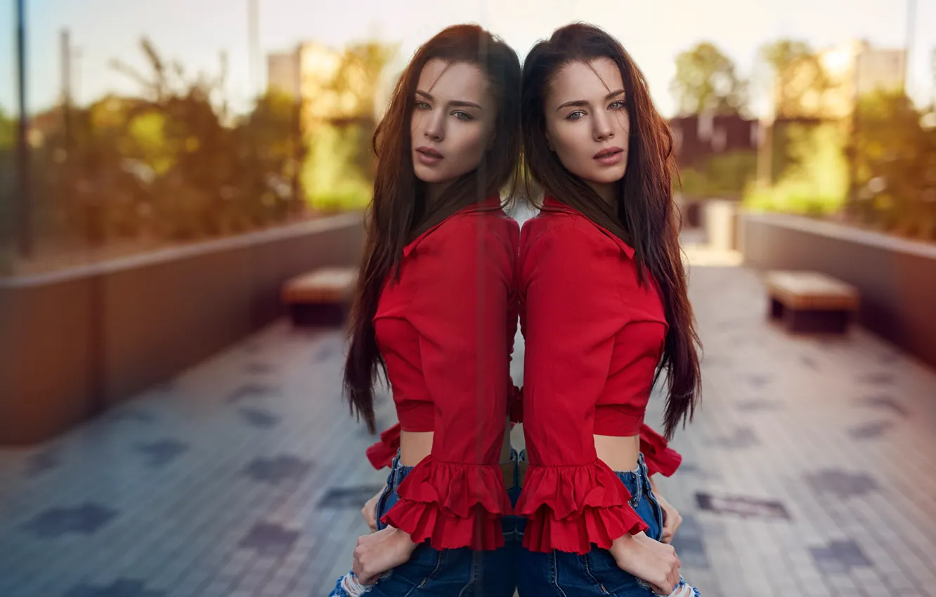 Wallpaper look, sexy, pose, reflection, model, portrait, jeans, makeup ...