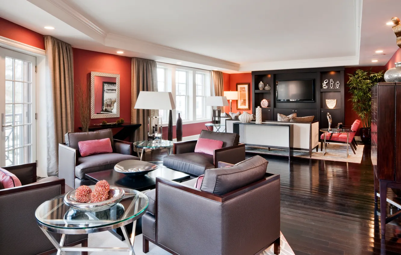 Wallpaper room, sofa, Windows, TV, chairs, table, living room, curtains ...