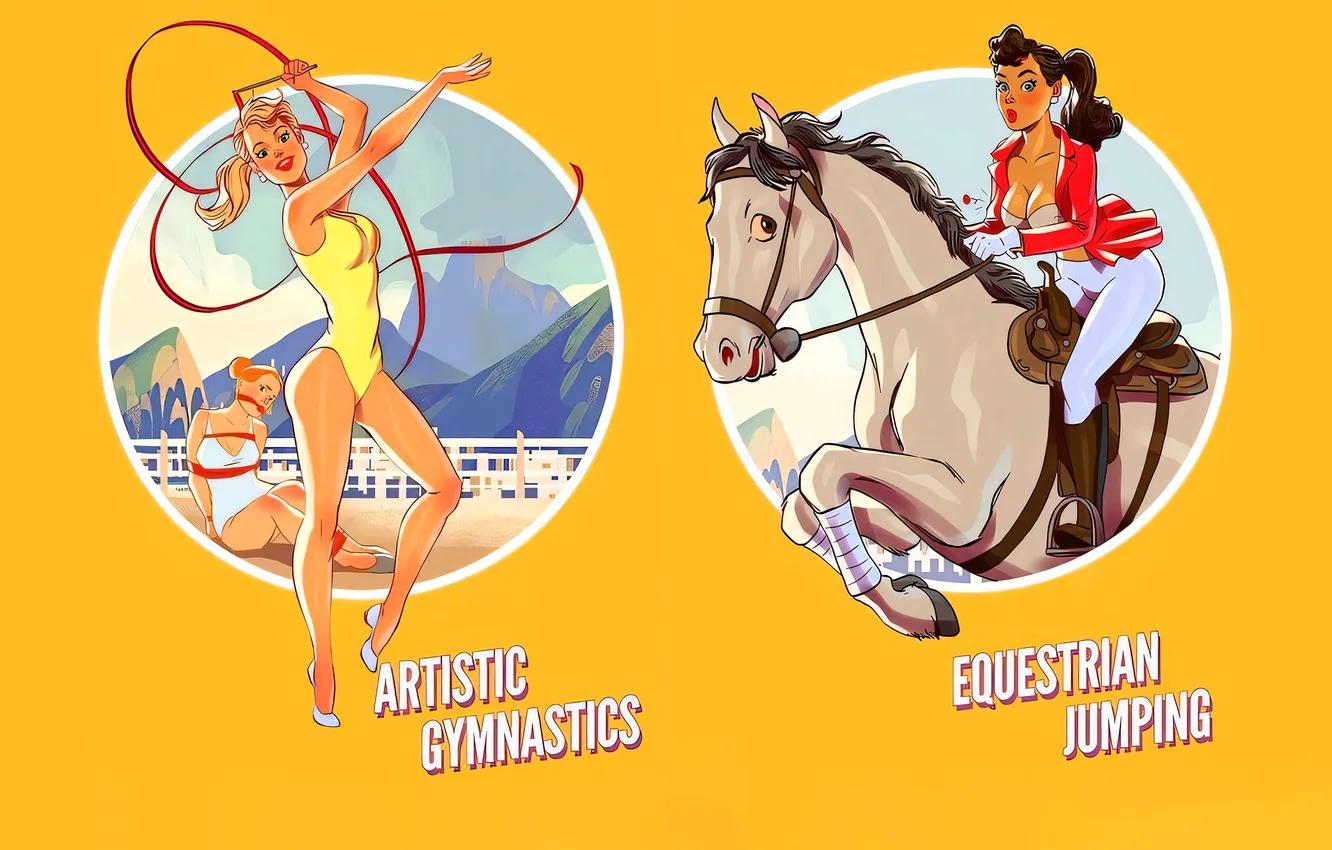 Wallpaper swimsuit, girl, horse, rider, tape, pin-up, Rhythmic ...