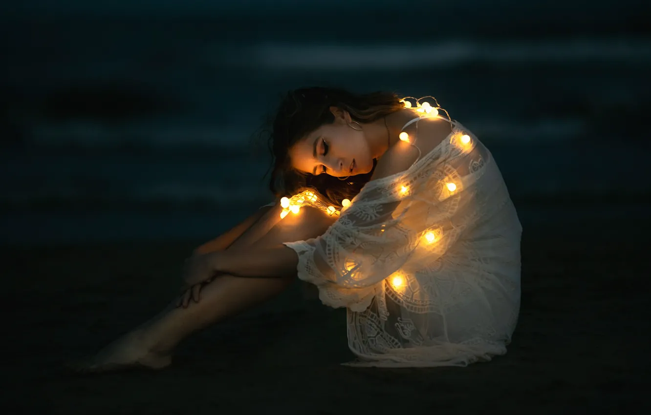 Wallpaper girl, night, pose, mood, garland, light bulb, closed eyes ...