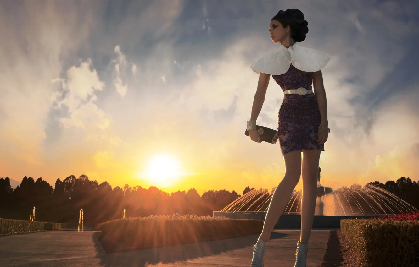 Wallpaper girl, sunset, model, fountain, fashion images for desktop ...