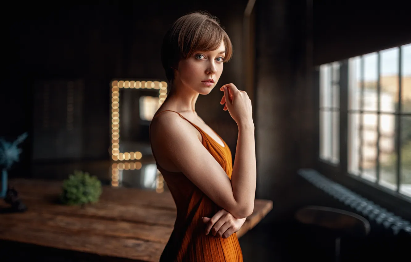 Wallpaper look, girl, photo, model, dress, mirror, window, Olga ...