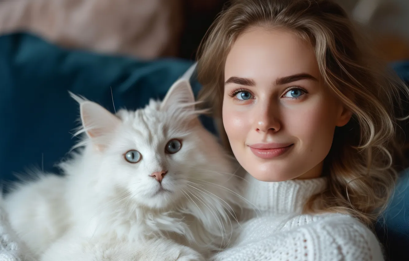 Wallpaper cat, white, cat, look, girl, pose, smile, comfort for mobile ...