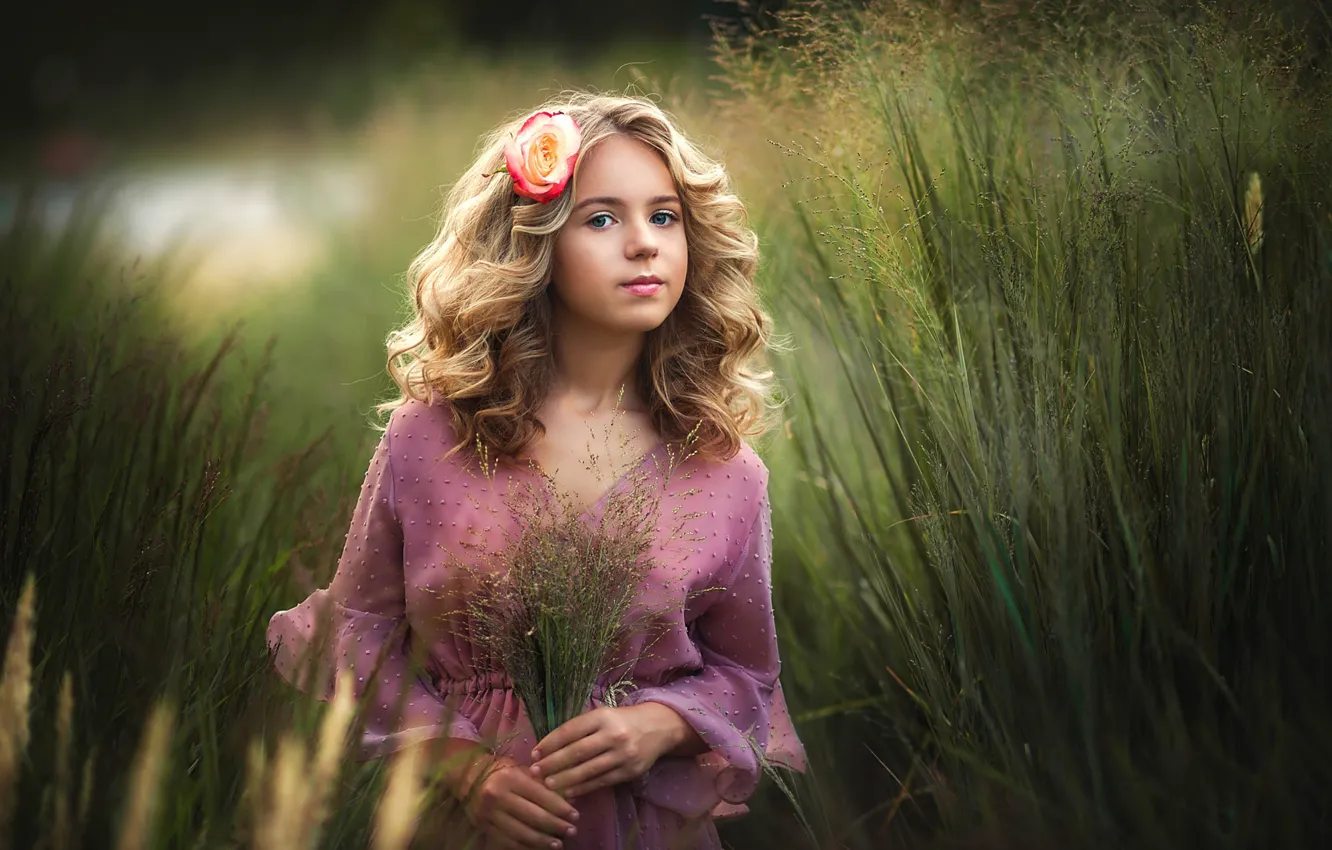 Wallpaper grass, nature, dress, girl, curls, a bunch, Rus, Irina Ganich ...