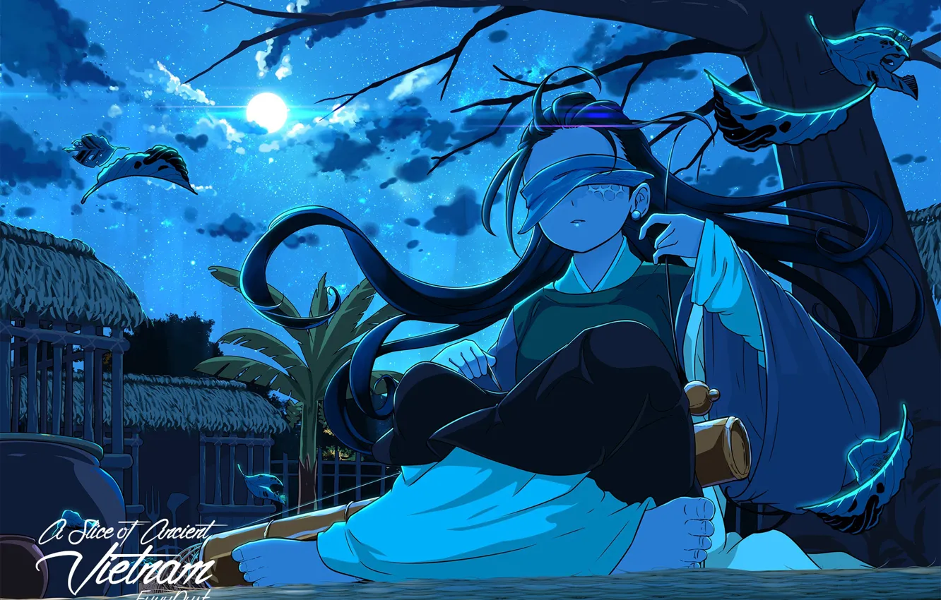 Wallpaper girl, night, the moon, eye patch for mobile and desktop ...