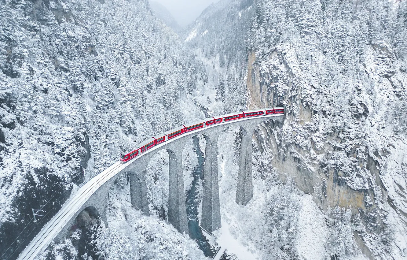 Wallpaper winter, forest, snow, mountains, bridge, nature, train ...