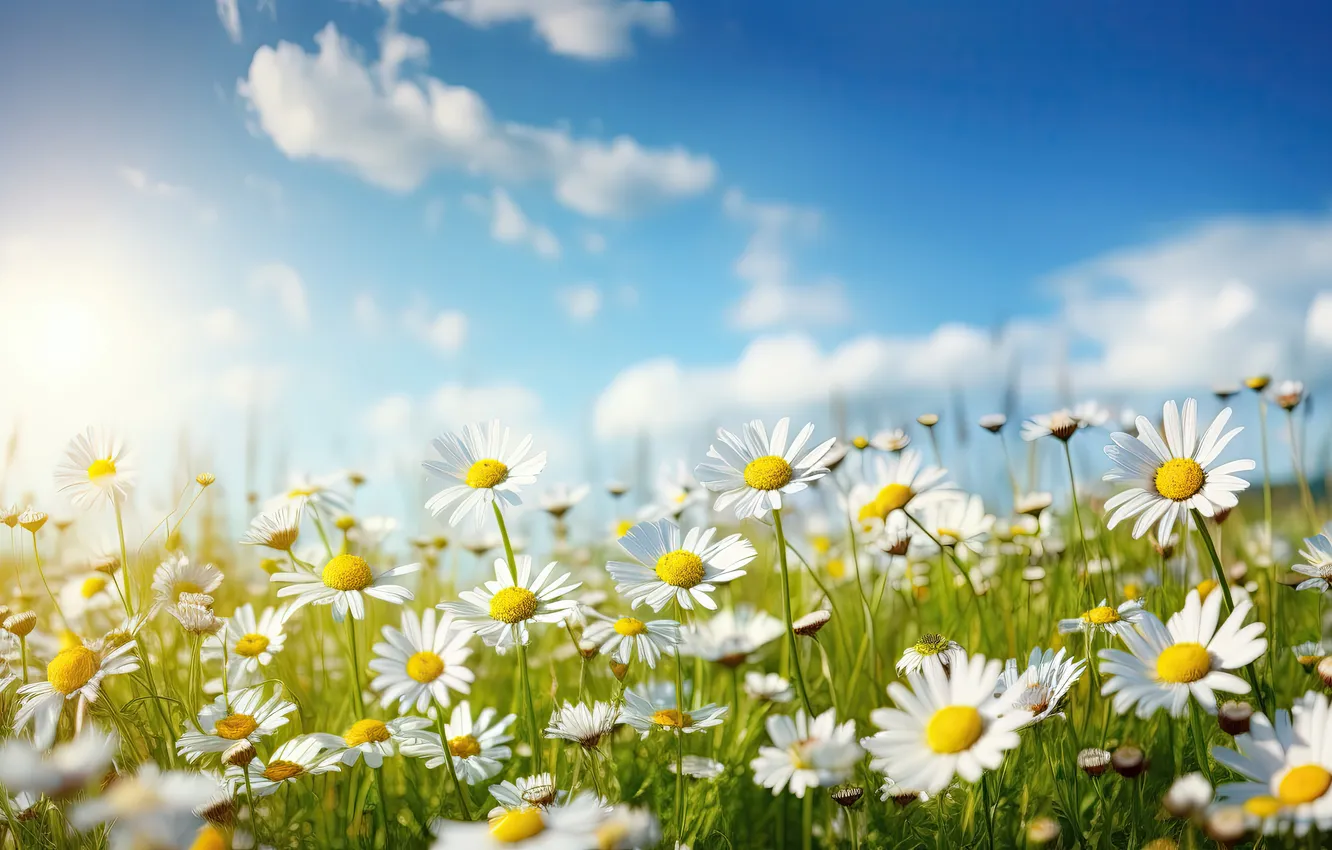 Wallpaper field, the sun, flowers, chamomile, spring, meadow, sunshine ...
