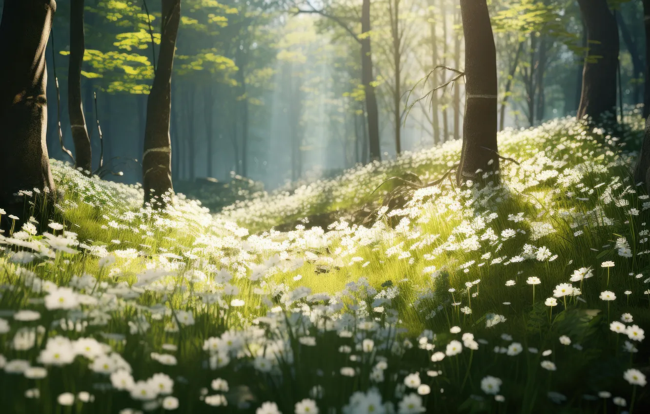 Wallpaper greens, forest, summer, rays, light, trees, flowers, fog for mobile and desktop ...