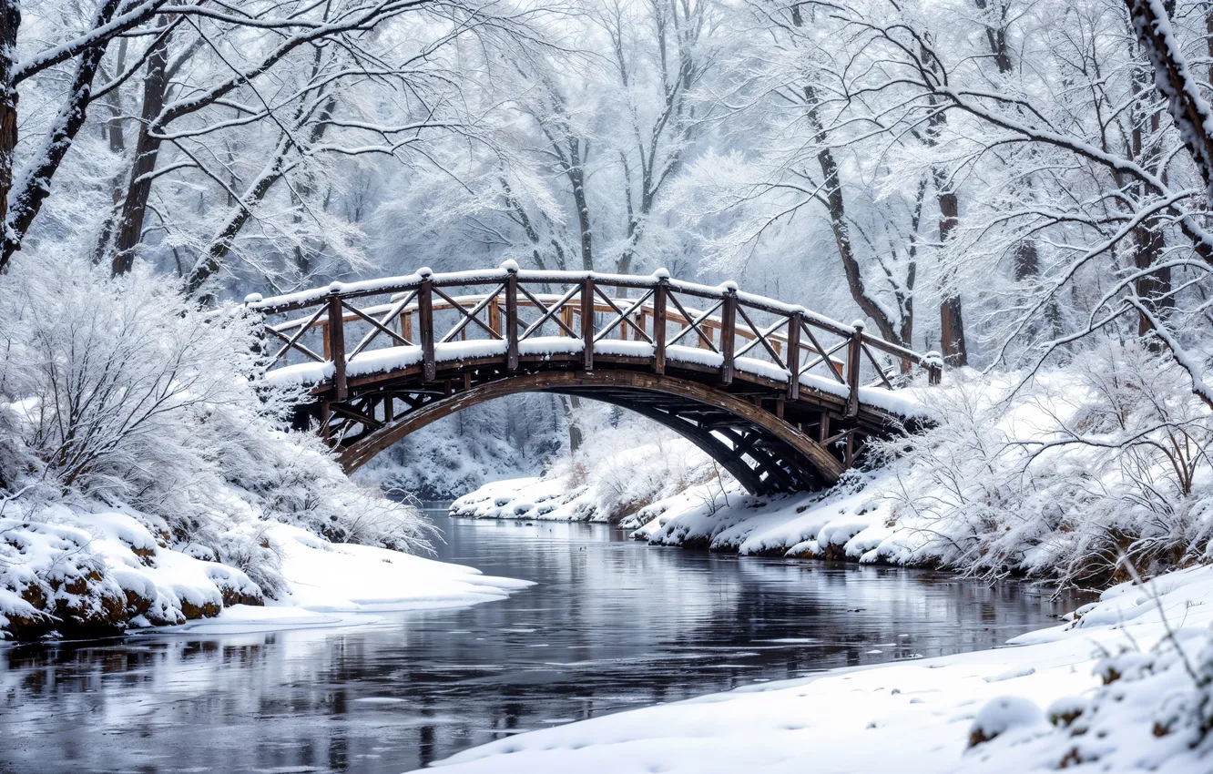 Wallpaper winter, snow, bridge, Park, river, tree, nature, bridge for ...