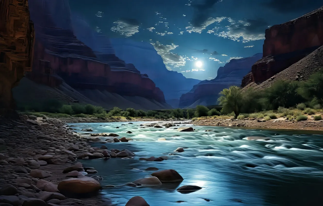 Wallpaper clouds, mountains, night, fog, river, stones, rocks, the moon ...