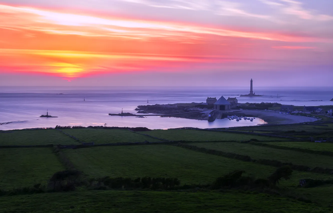 Wallpaper sea, sunset, rocks, lighthouse, twilight, lilac sky for ...