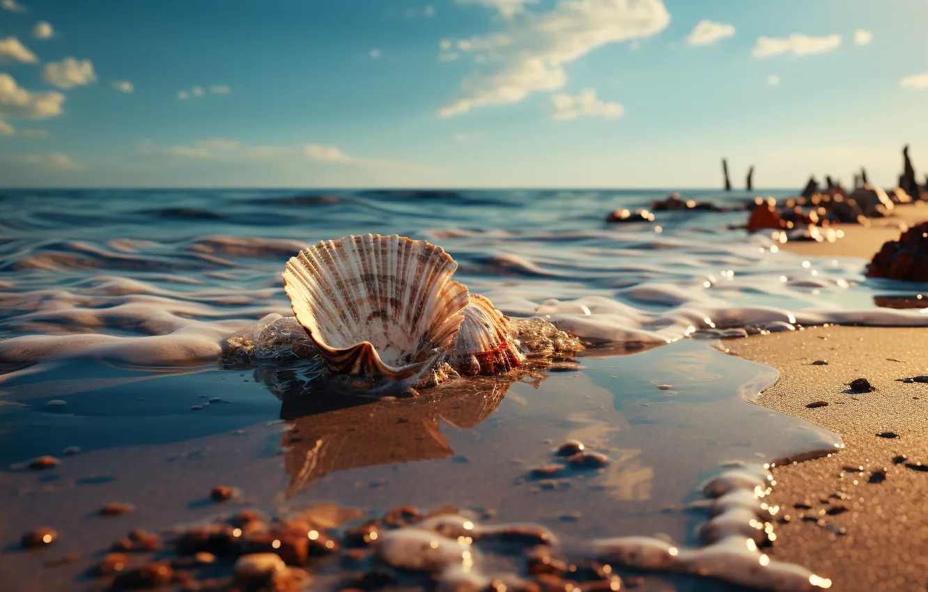 Wallpaper sea, beach, the ocean, shore, shell, seashells, seashell, AI ...