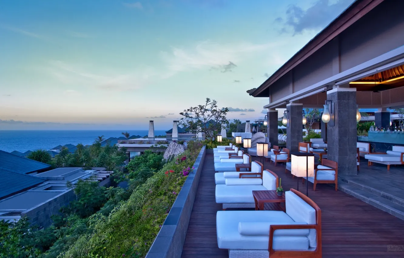 Wallpaper beach, sky, bench, resort, balcony for mobile and desktop ...