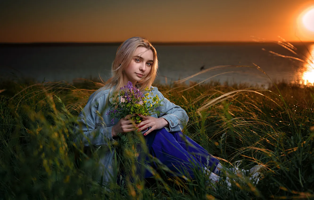 Wallpaper look, girl, sunset, flowers, nature, photo, Alena Tsurkan for ...
