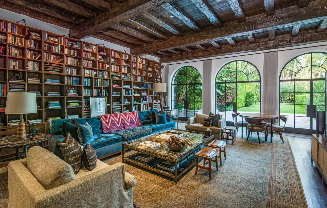 Wallpaper design, interior, library, mansion, Bookshelves, living room ...