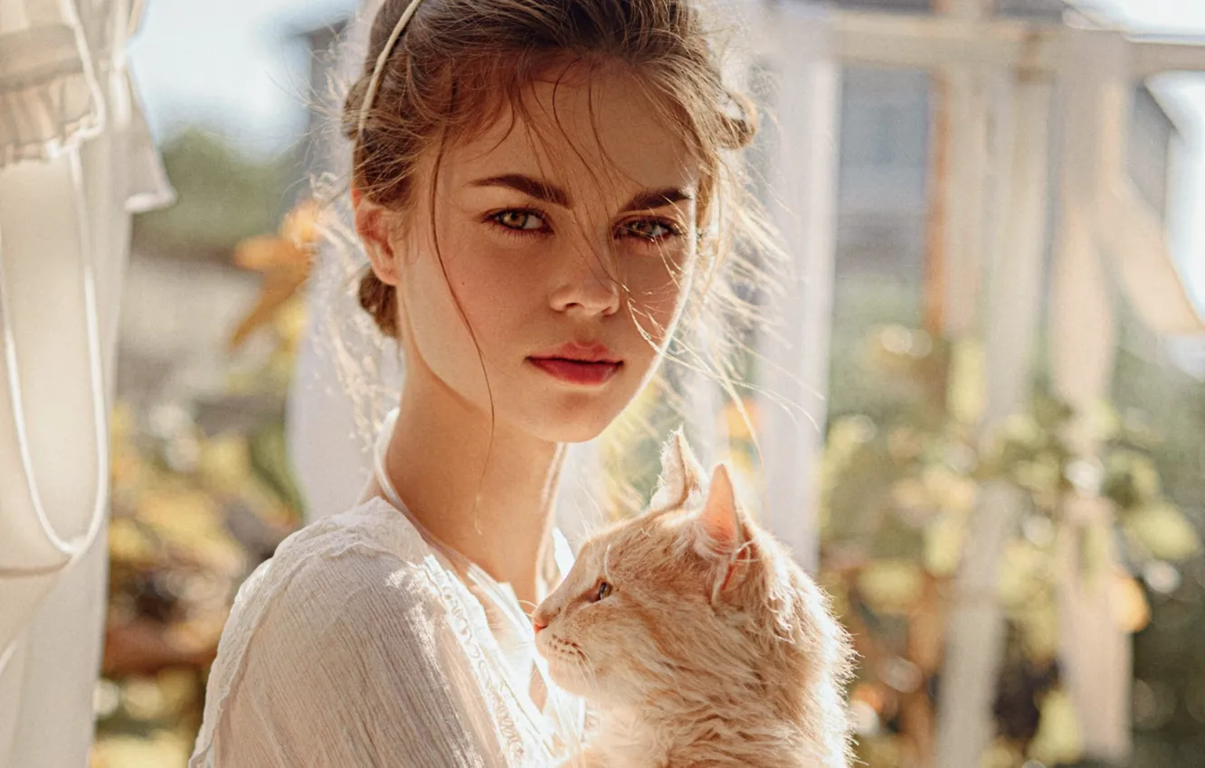 Wallpaper girl, portrait, beauty, with a cat, George Chernyadev, Georgy Chernyadyev, Victoria ...