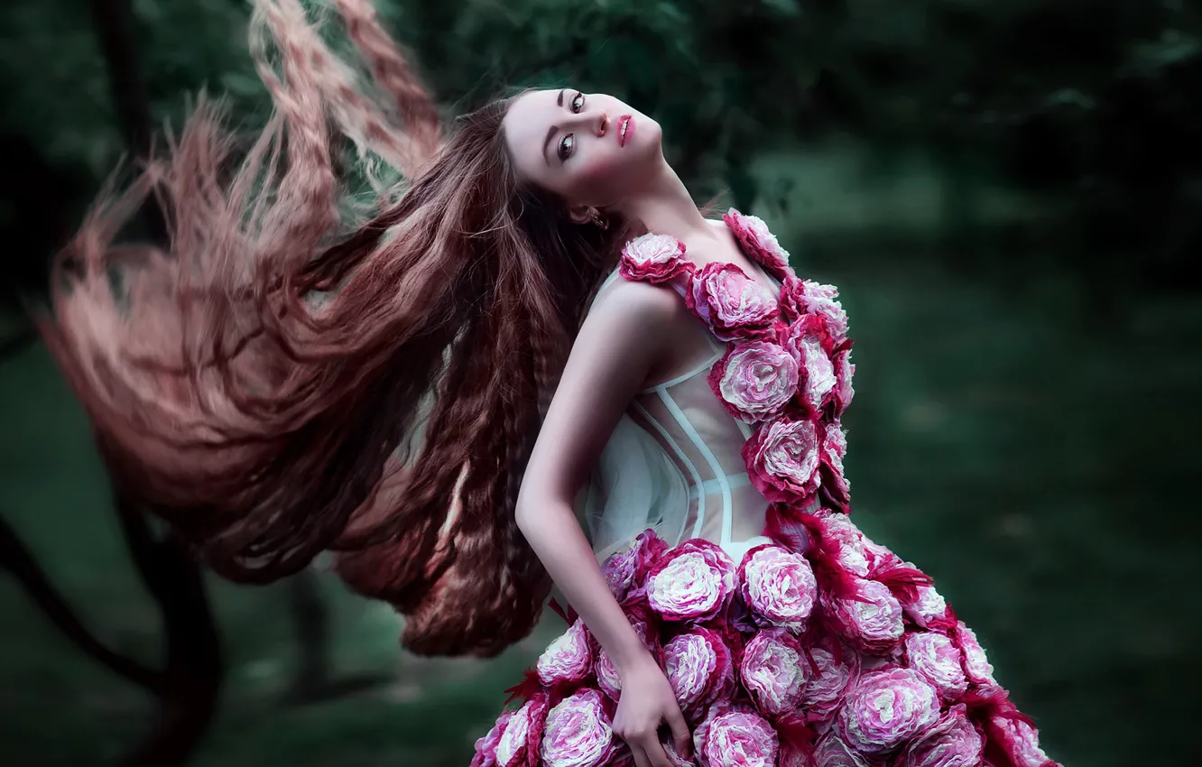 Wallpaper flowers, pose, style, mood, model, hair, dress, by Maria ...
