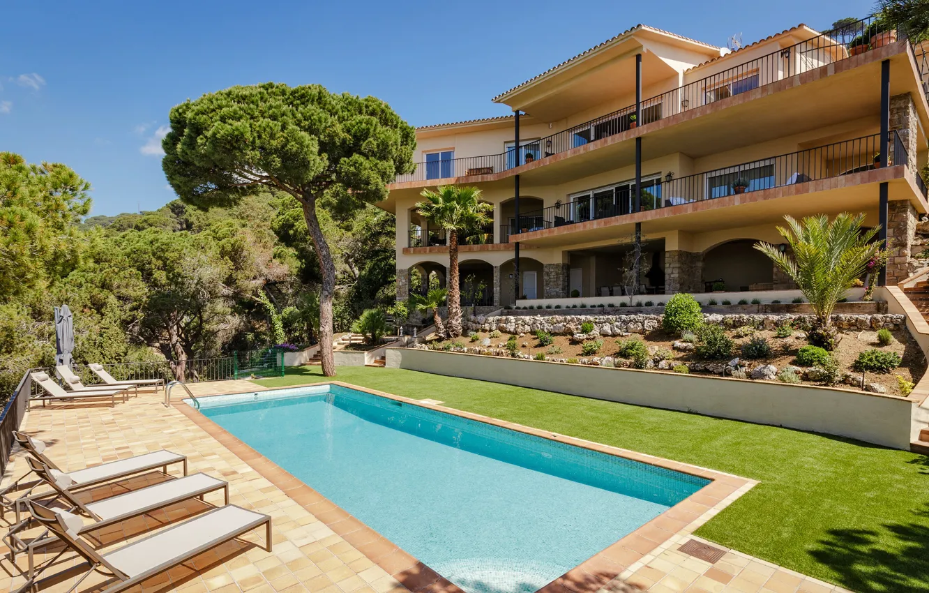 Wallpaper design, palm trees, Villa, pool, architecture, terrace, Casa ...