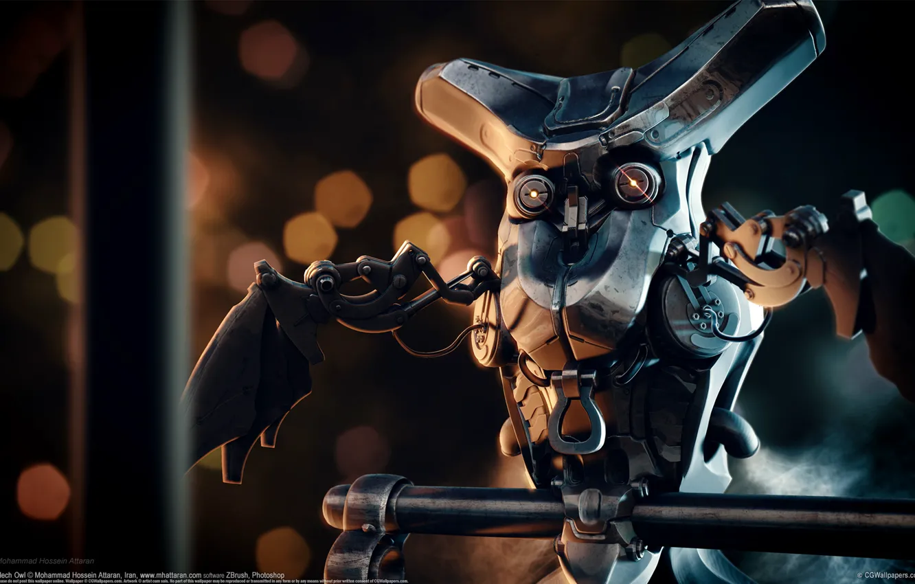 Wallpaper owl, robot, mechanics, Mohammad Hossein Attaran, mechanical ...