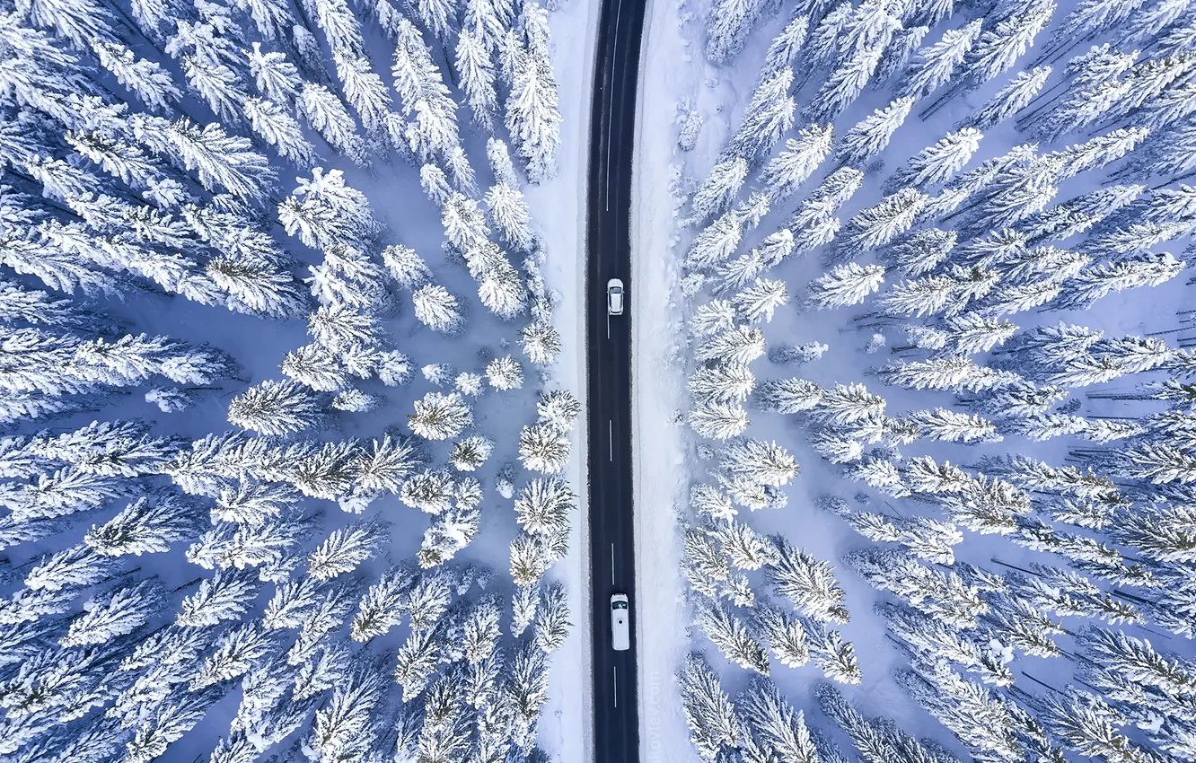 Wallpaper ice, forest, road, snow, vehicle, aerial view for mobile and ...