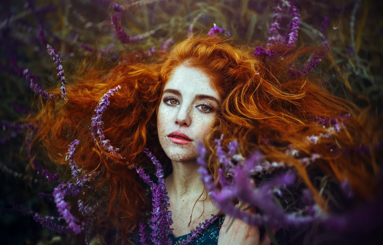 Wallpaper Look Flowers Face Mood Hair Freckles Red Redhead For