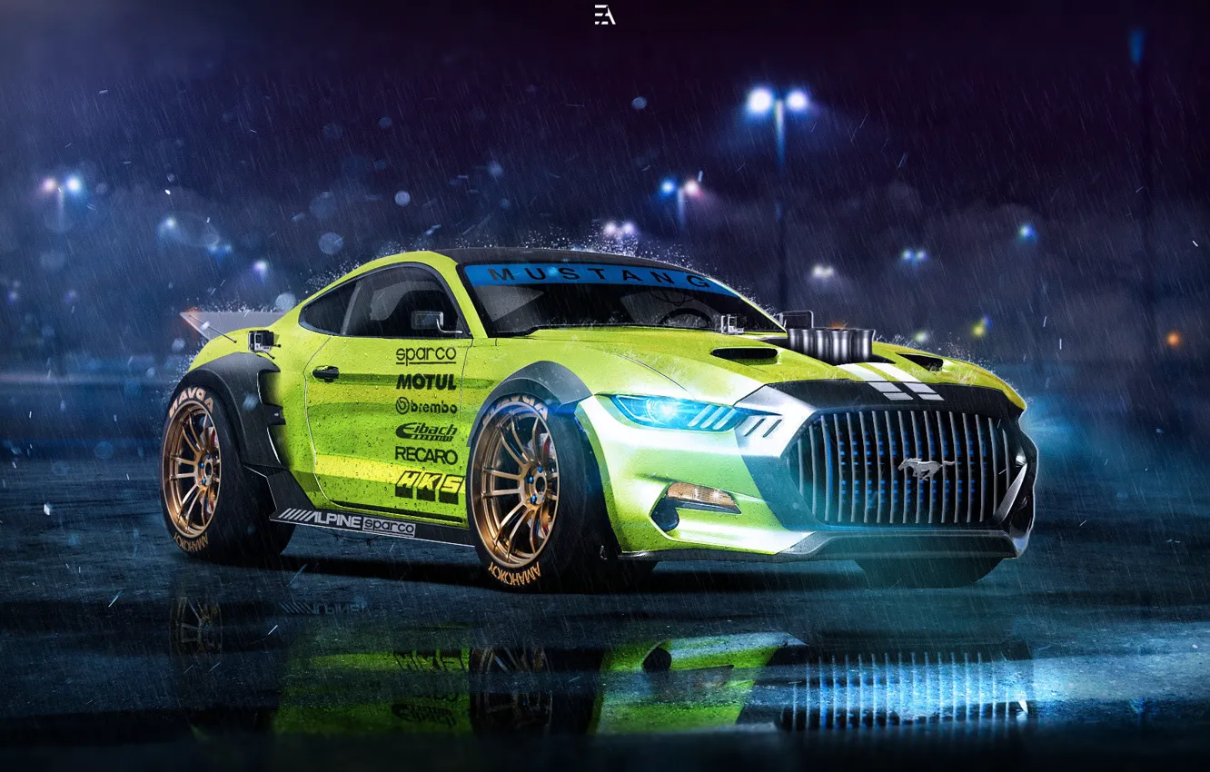 Wallpaper Auto, Night, Machine, Rain, Ford Mustang, Art, Tuning, Green ...