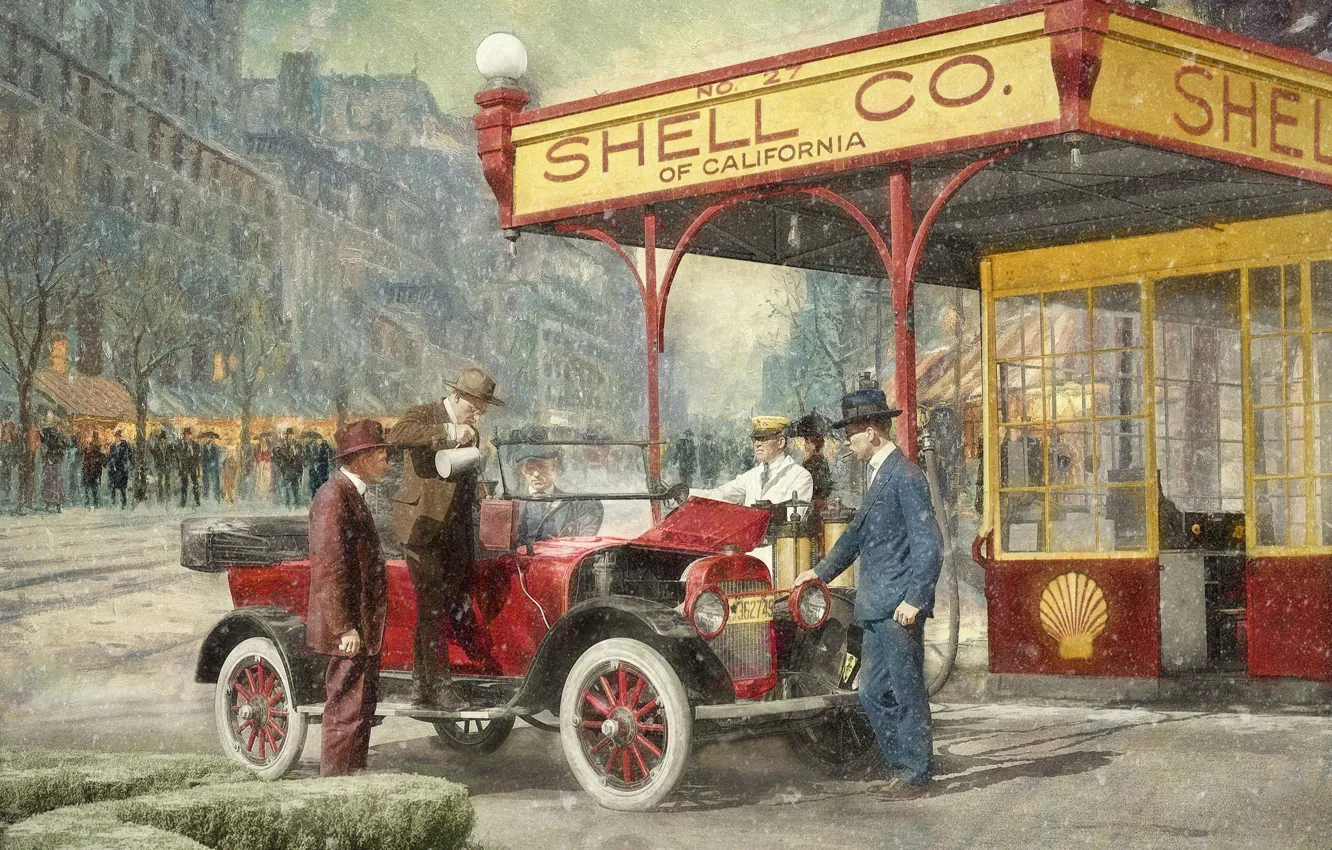 Wallpaper the city, retro, people, car, gas station, 1920, Shell ...