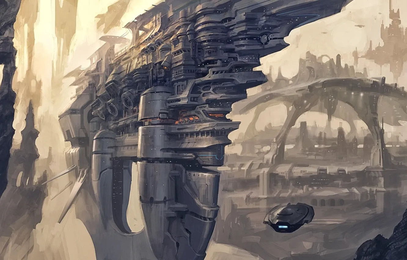 Wallpaper city, fantasy, science fiction, rocks, spaceship, sci-fi ...