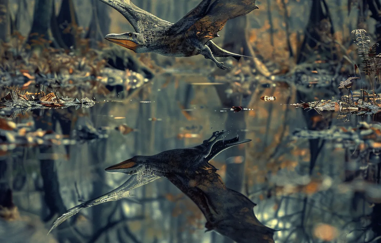Wallpaper water, flight, reflection, animal, wings, dinosaur ...